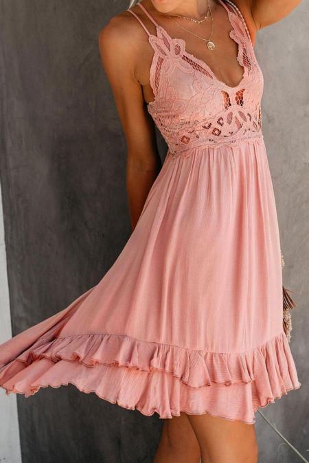 US$11.5 Pink Crochet Lace Ruffle Dress Wholesale Online