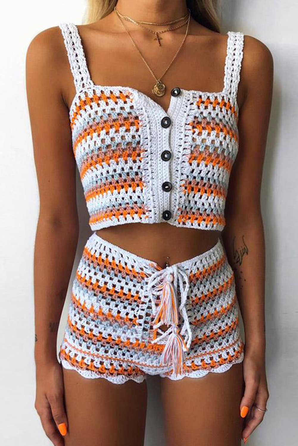 US$9.5 Multicolor Knitted Crochet Crop Top and Shorts Wholesale Online