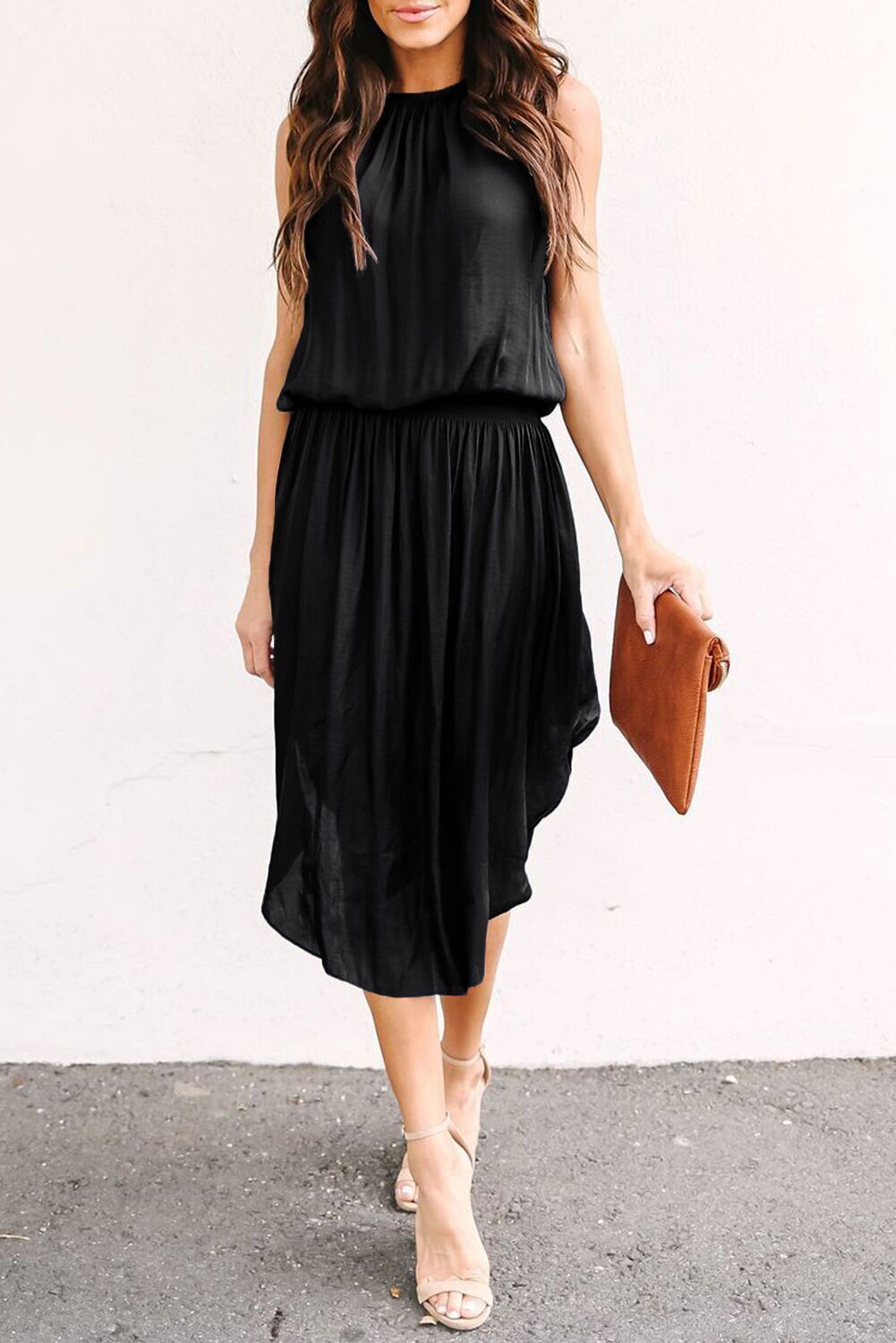 US$7.9 Black Elastic Waist Ruched Dress Wholesale Online