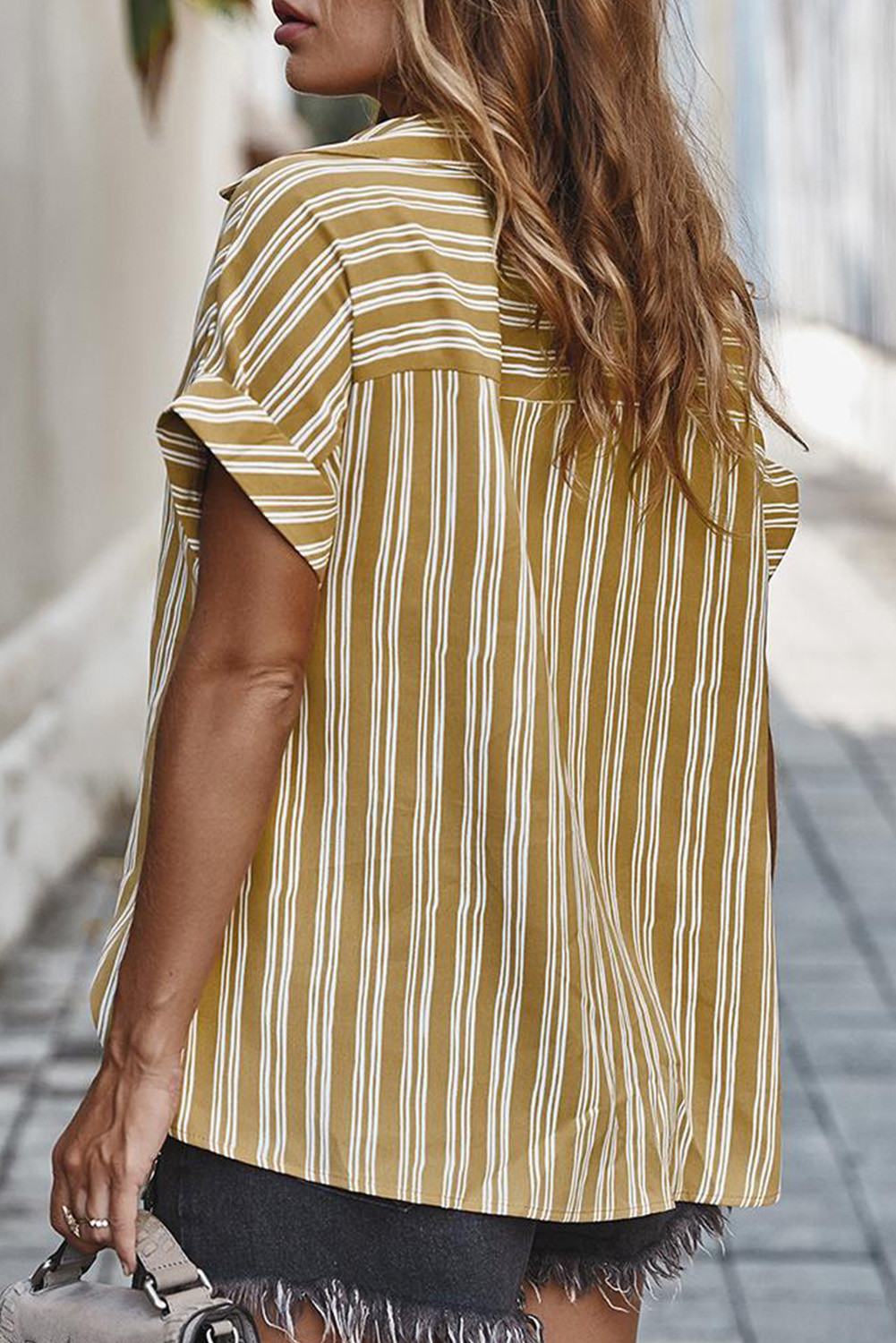 US$5.8 Yellow Button Up Short Sleeve Blouse Wholesale Online