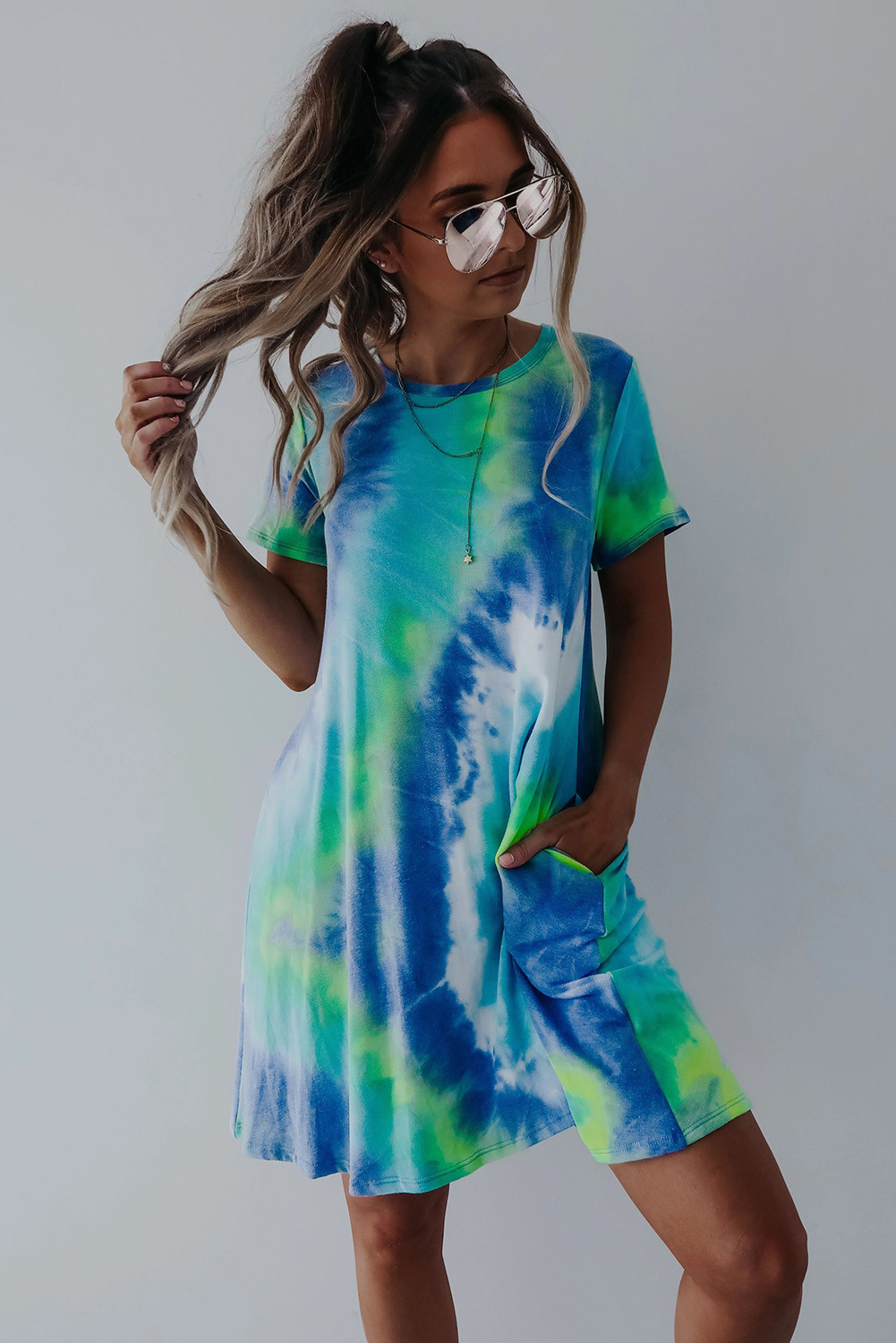 US$6.5 Blue Tie-dye Pocketed Casual Tee Short Dress Wholesale Online