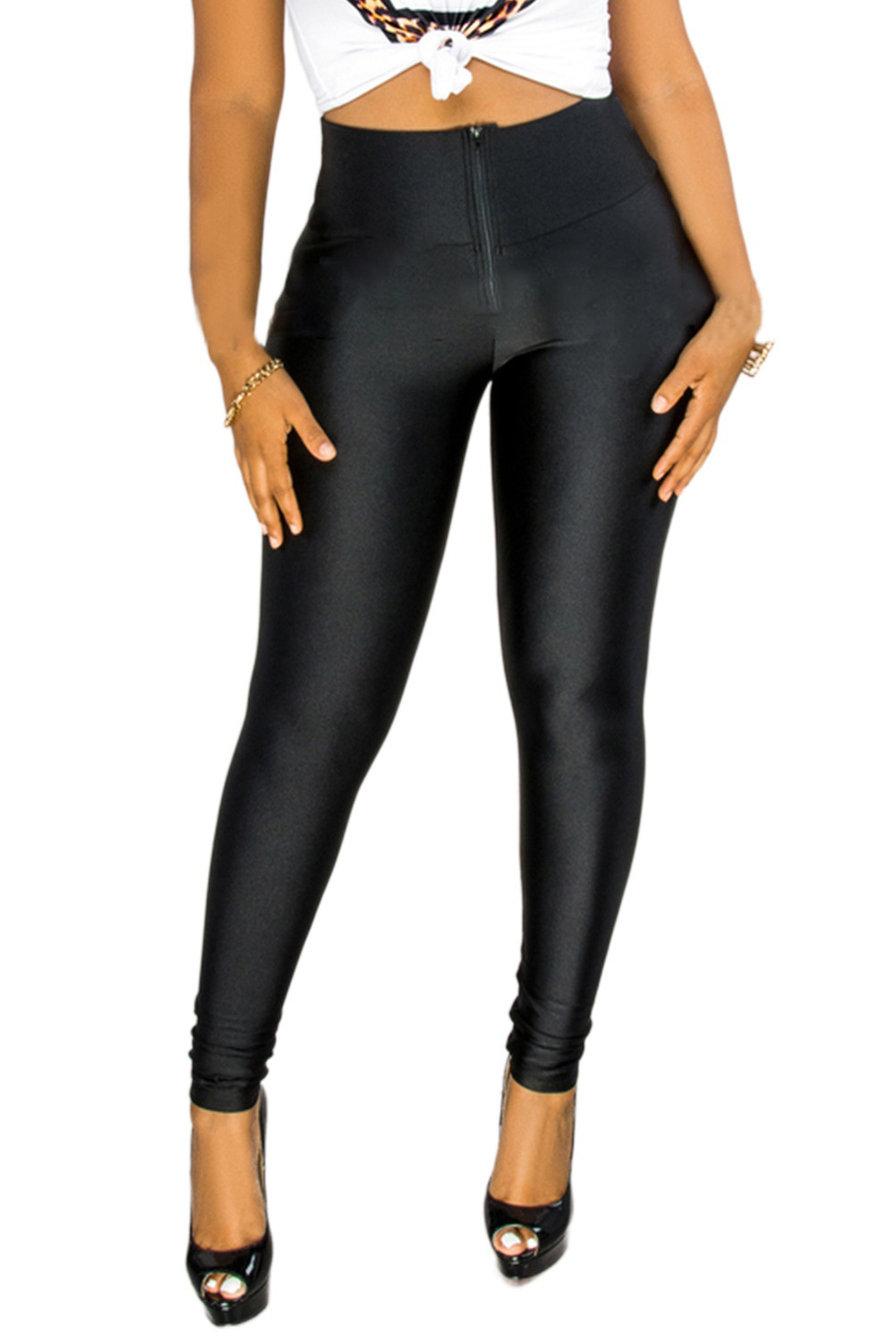 Wholesale Push It Production Cheap Black High Waist Front Zipper Silky