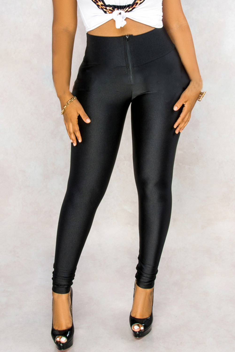 Wholesale Push It Production Cheap Black High Waist Front Zipper Silky